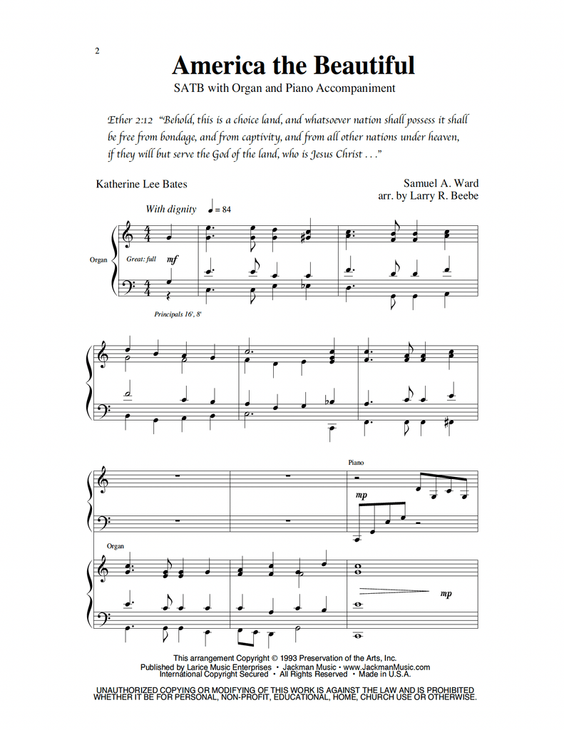 America the Beautiful - SATB, Organ & Piano — Jackman Music