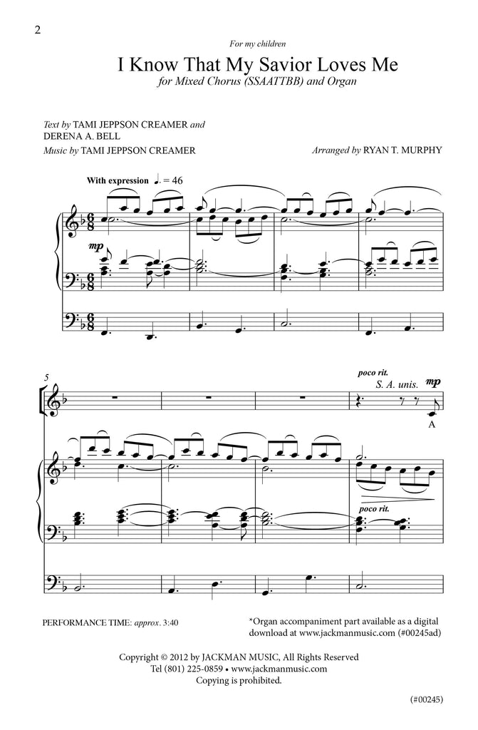 I Know That My Savior Loves Me - SSAATTBB - Murphy — Jackman Music