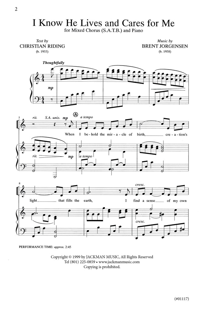 I Know He Lives and Cares for Me - SATB — Jackman Music
