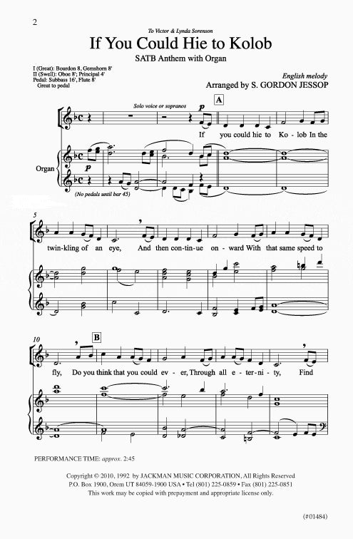 If You Could Hie to Kolob - SATB/Organ — Jackman Music